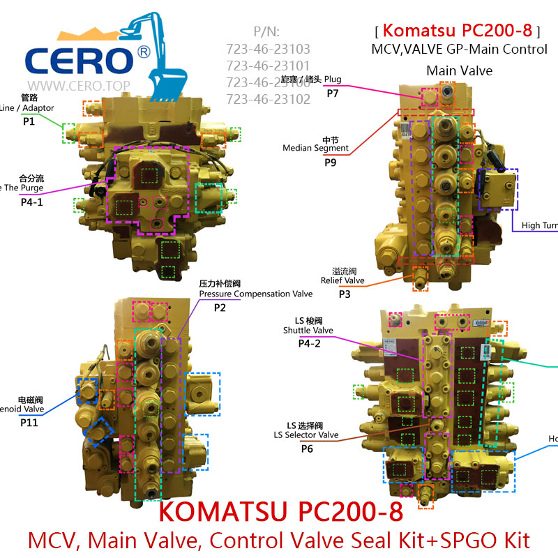 Komatsu PC200-8 Main Control Valve Seal Kit 723-46-23101 723-46-23103