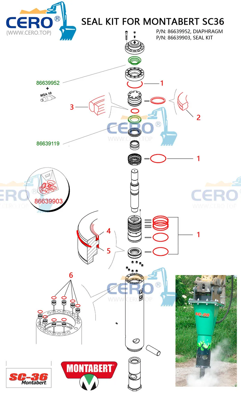 Conjunto de vedação Montabert SC36 86639903 Diafragma 86639952 Kit de ...