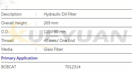 Hydraulic oil filter 7012314 WL10395 SH62352 for Bobcat S770 S160