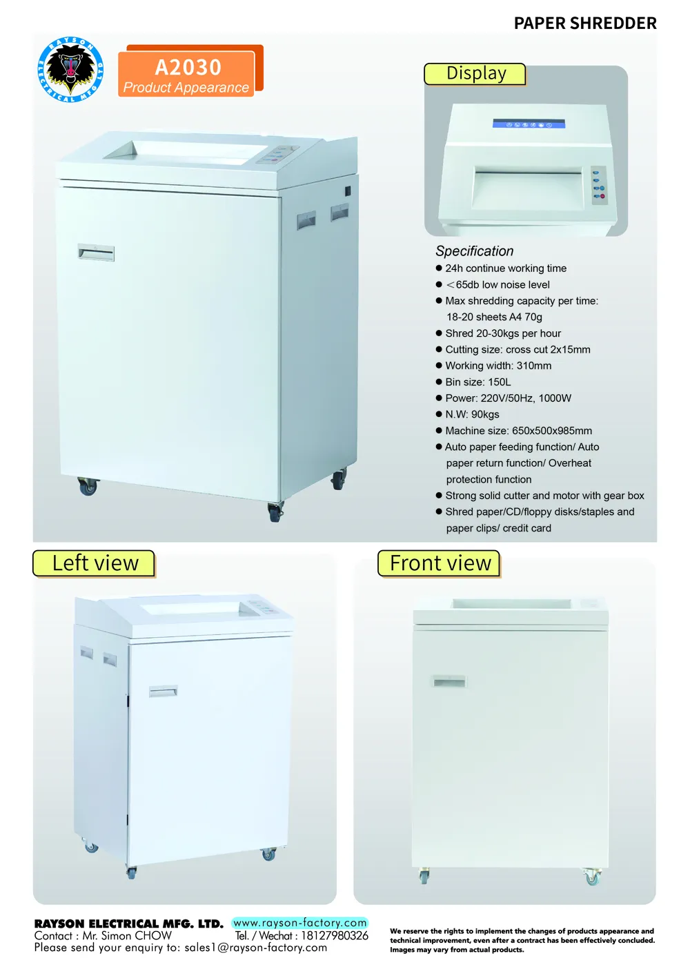 COMMERCIAL GRADE PAPER SHREDDER A2030