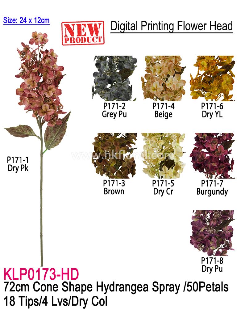 72cm Cone Shape Hydrangea Spray /50Petals/18 Tips/4 Lvs/Dry Col