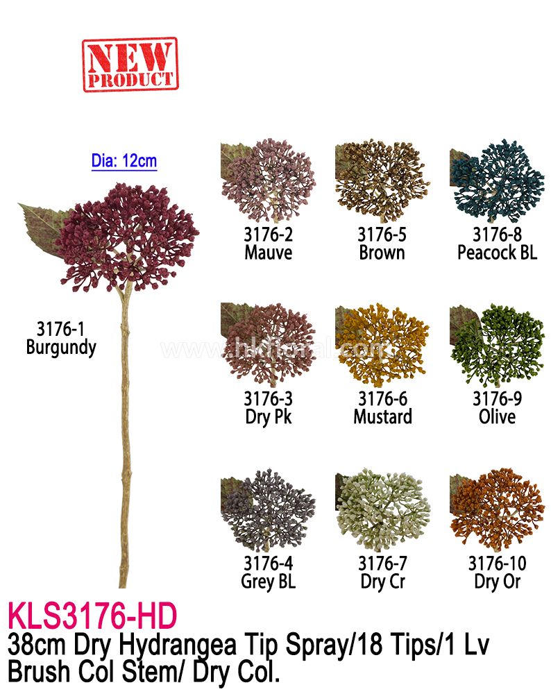 38cm Dry Hydrangea Spray/18 Tips/1 Lv/Dry Color