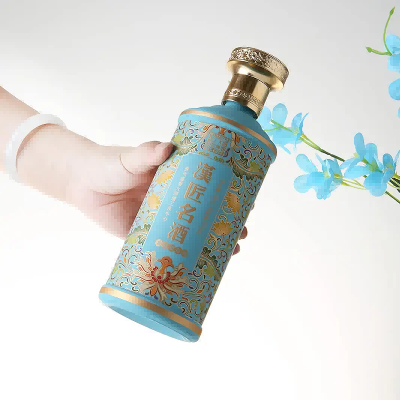 custom personalized round blue liquor glass bottle with lids