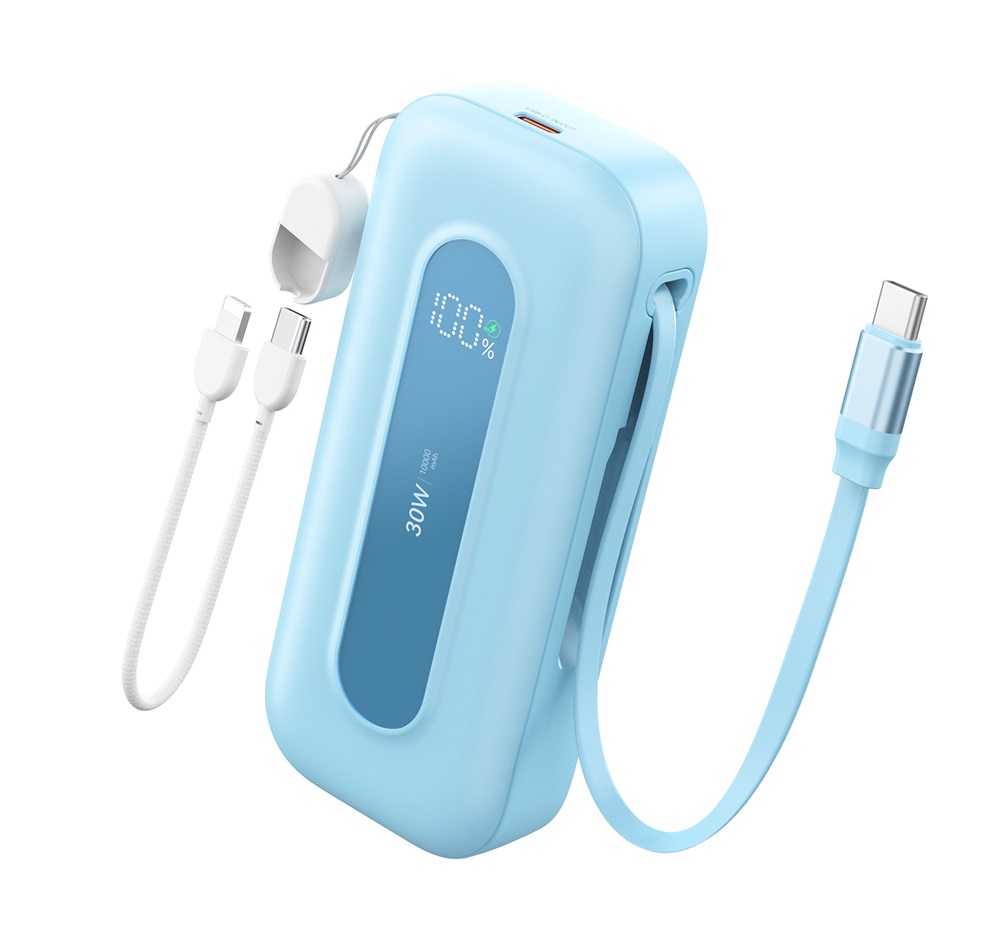10000mAh Power Bank with Retractable Cable+C to Lightning/C Lanyard
