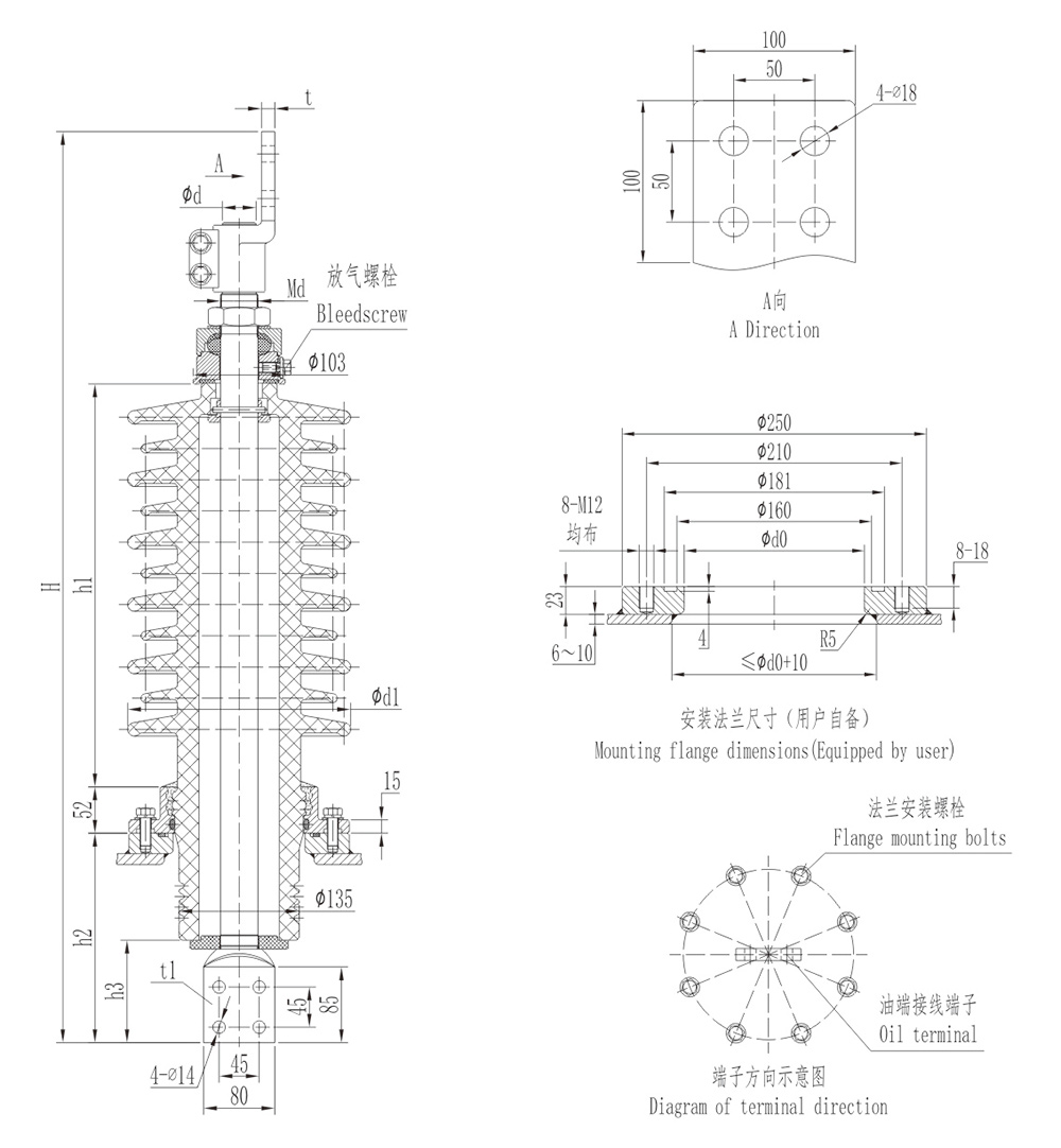 Aluminum flanged porcelain bushing (35kV/2000~3150A Rod type bushing)