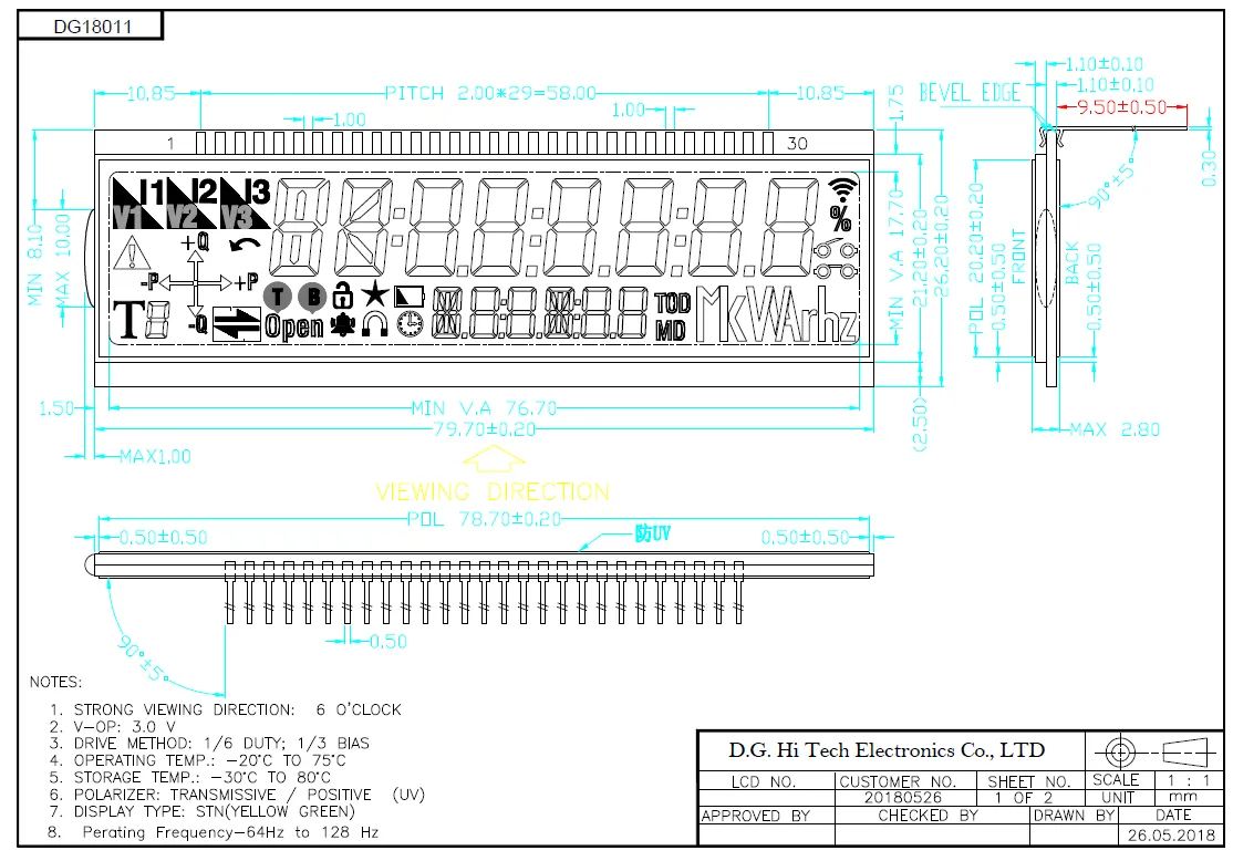 STN LCD, Yellow-Green, Transmissive, Positive, 1/4D,1/3B,6 O’clock, 30 PIN