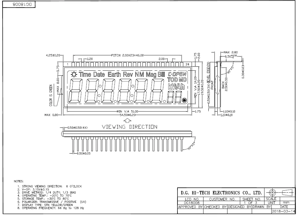 STN LCD, Yellow-Green, Transmissive, Positive, 1/4D,1/3B,6 O’clock, 24 PIN