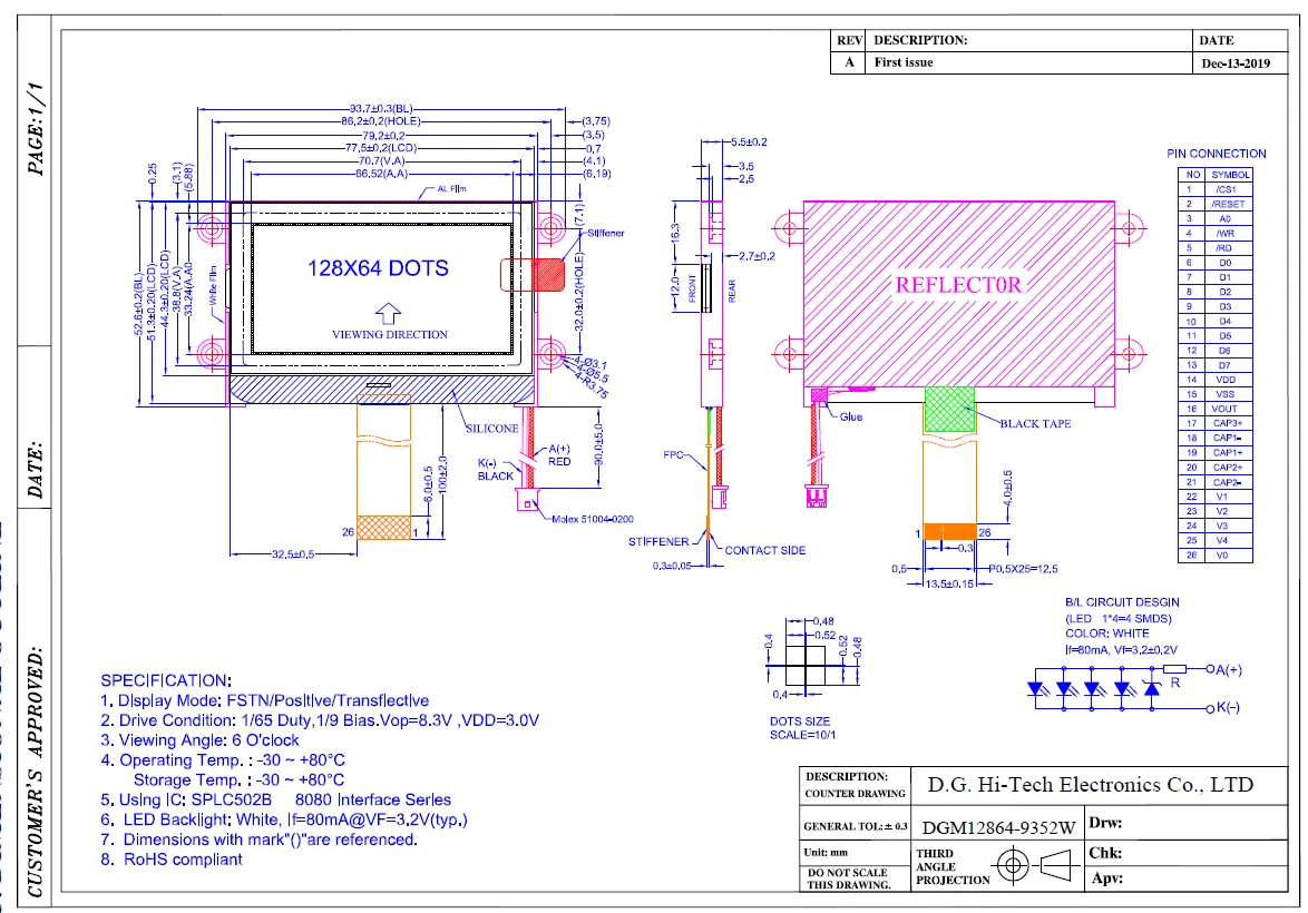 128*64 Graphic COG LCD Module with White/Yellow/Green LED backlight,