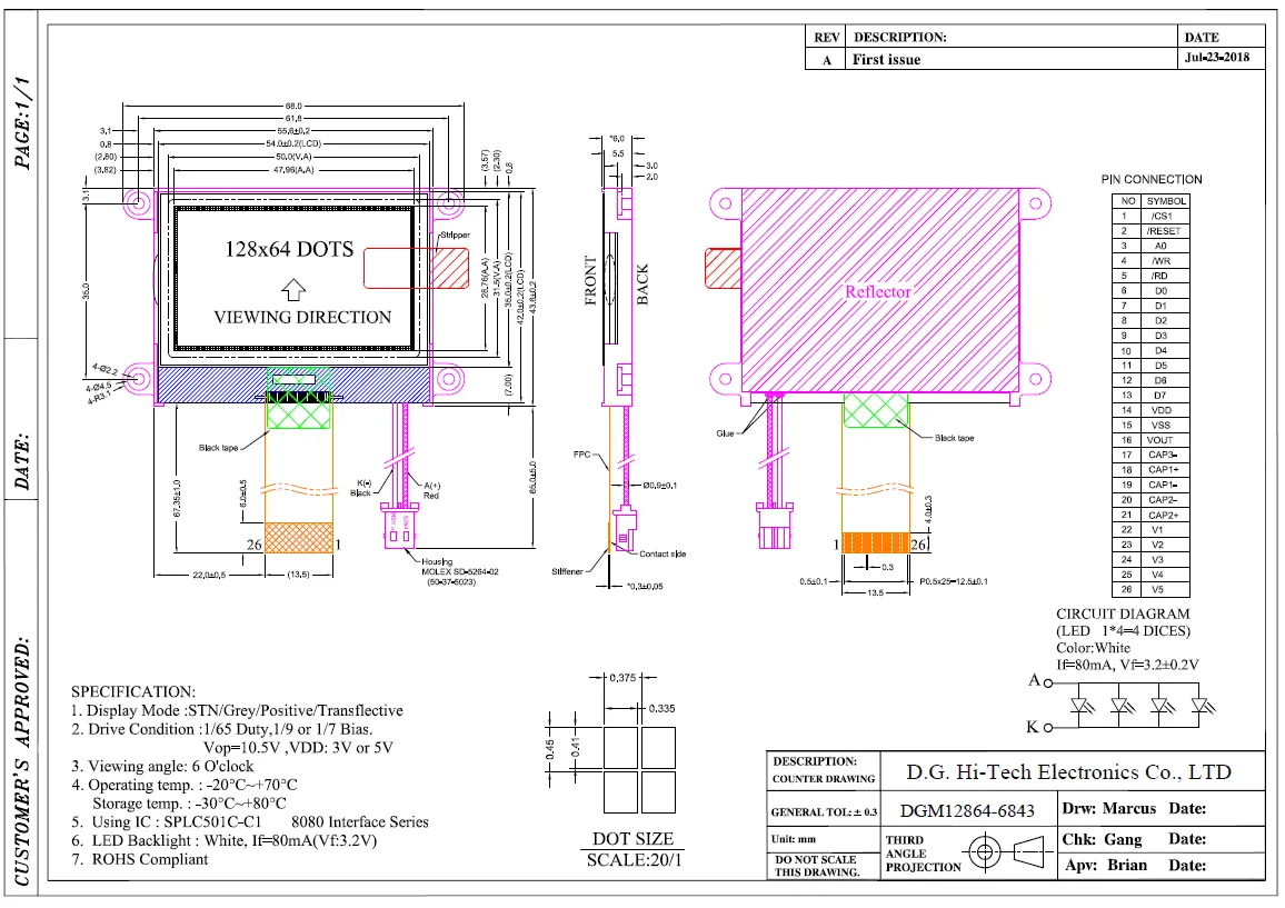 128*64 Dots Graphic LCD Module White LED Backlight
