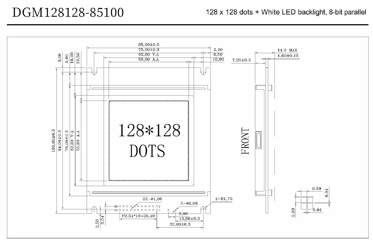 Graphic LCD module, 128*128 dots, White led backlight, 8-bit parallel