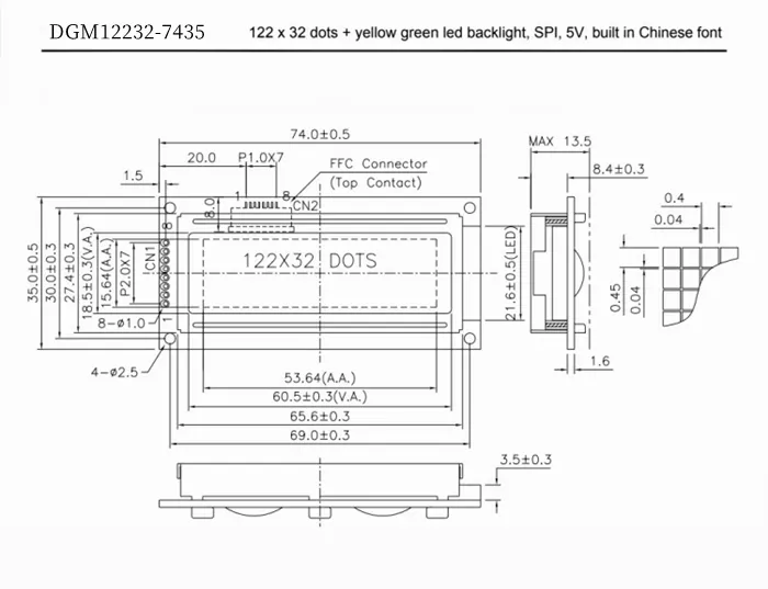 Graphic LCD module, 122*32 dots,Y/G LED backlight, SPI