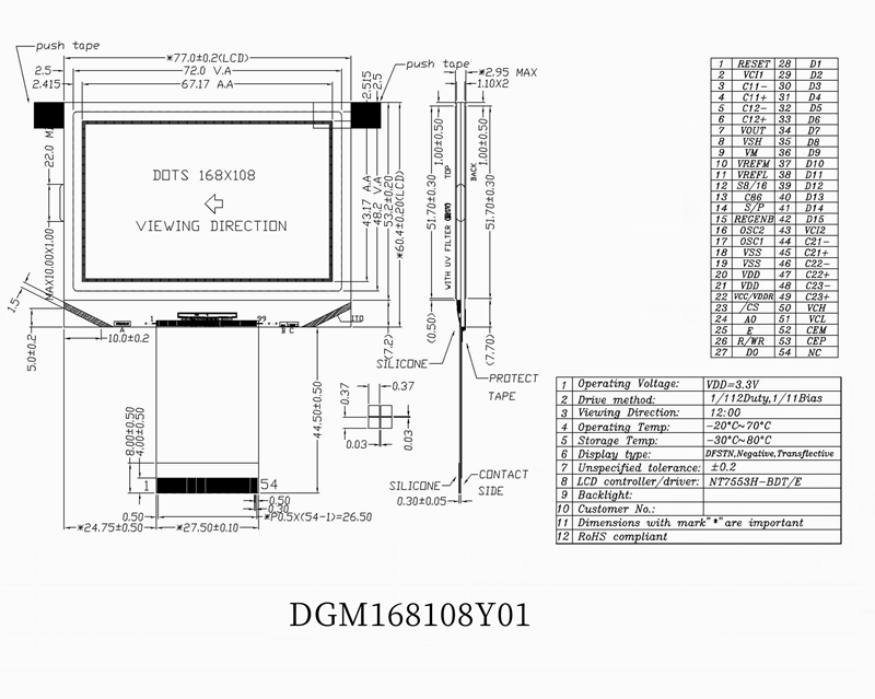 Graphic LCD module, 168*108 dots, Black and White LED backlight, 8-bit ...