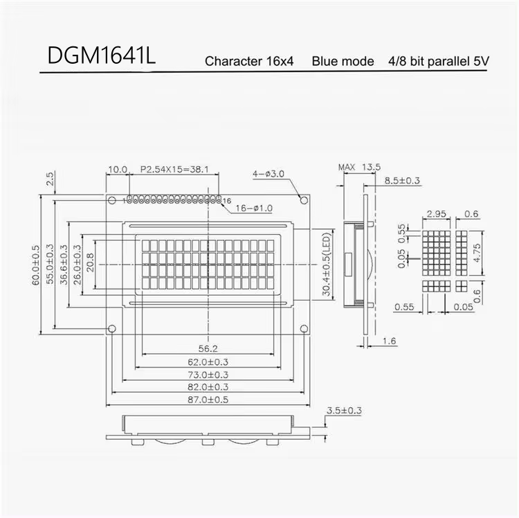 16x4 Character LCD Module - 4/8-bit Parallel Interface (DGM1641L)
