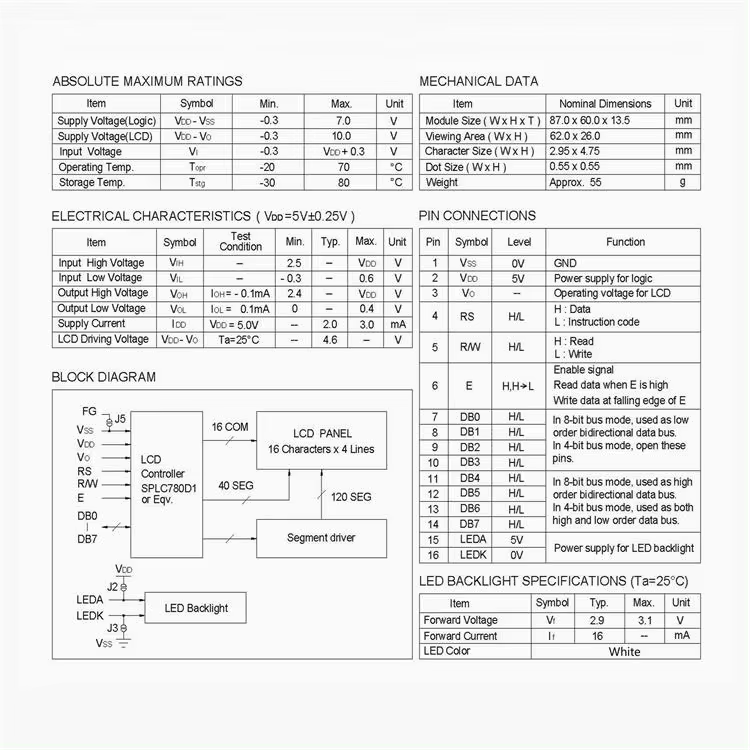 16x4 Character LCD Module - 4/8-bit Parallel Interface (DGM1641L)