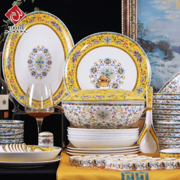 Ceramic Yellow Color Design Bone China Dinner Set Tableware Round ...