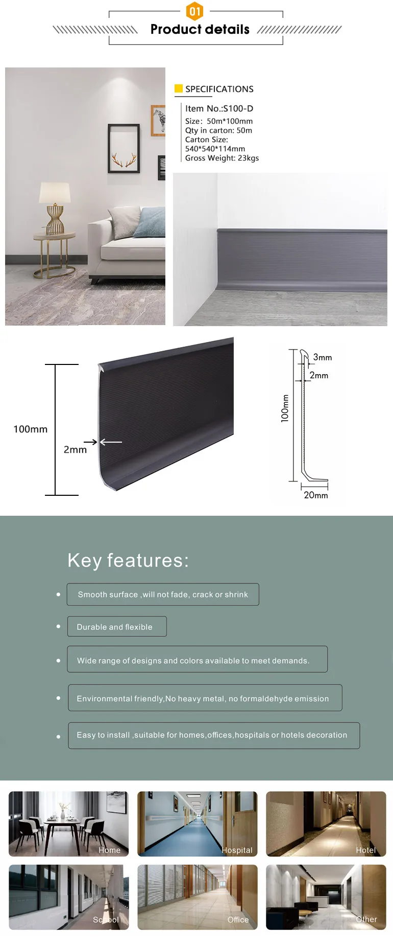S100-D, RAITTO PVC Soft Vinyl Wall Baseboard Moulding