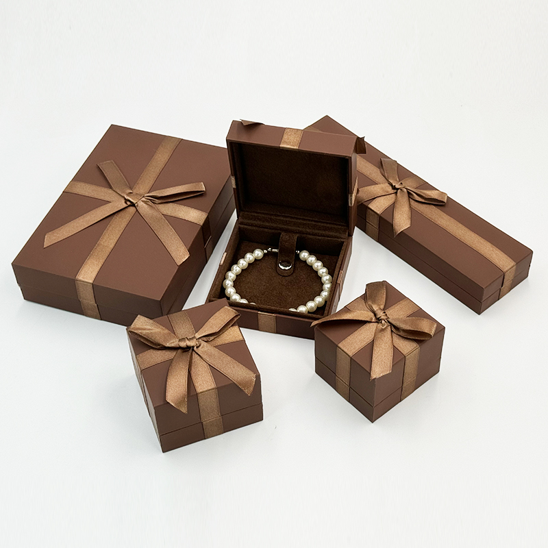 Luxury Brown Jewelry Boxes with Cross Satin Ribbon