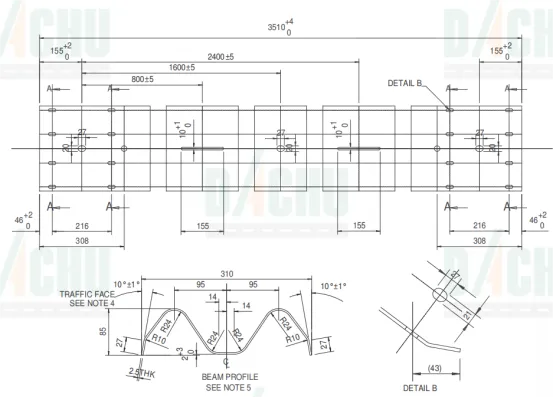 Specification Drawing of Galvanized Highway "W" Beam Guardrail