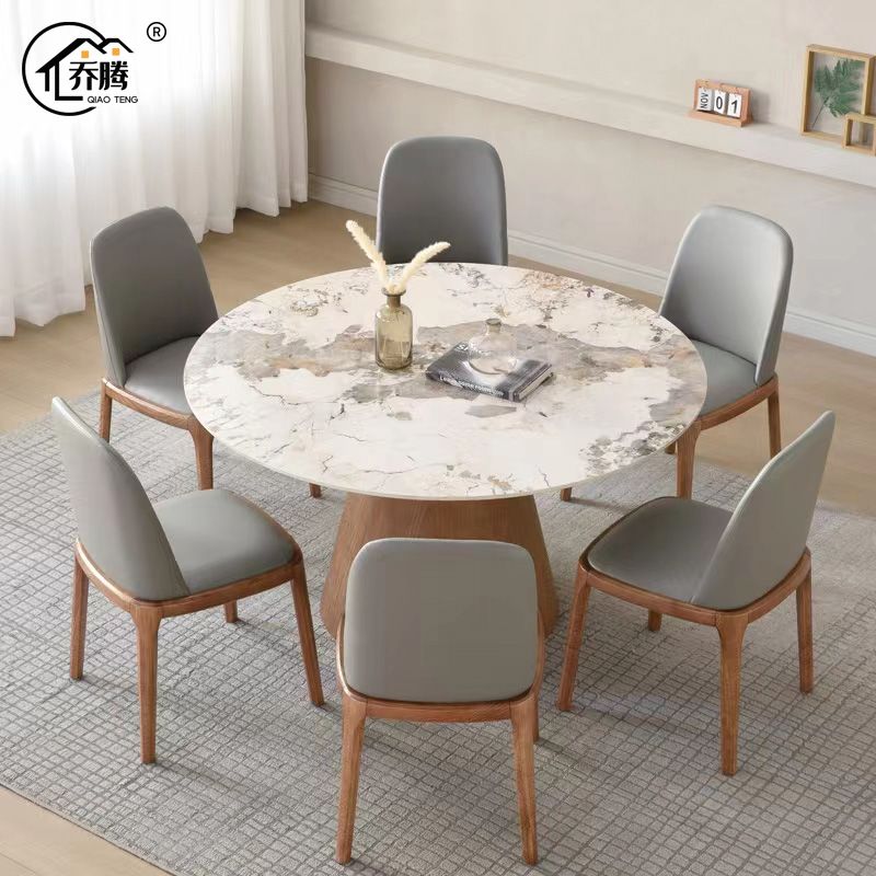 Solid Wood Slate Round Dining Table and Chairs