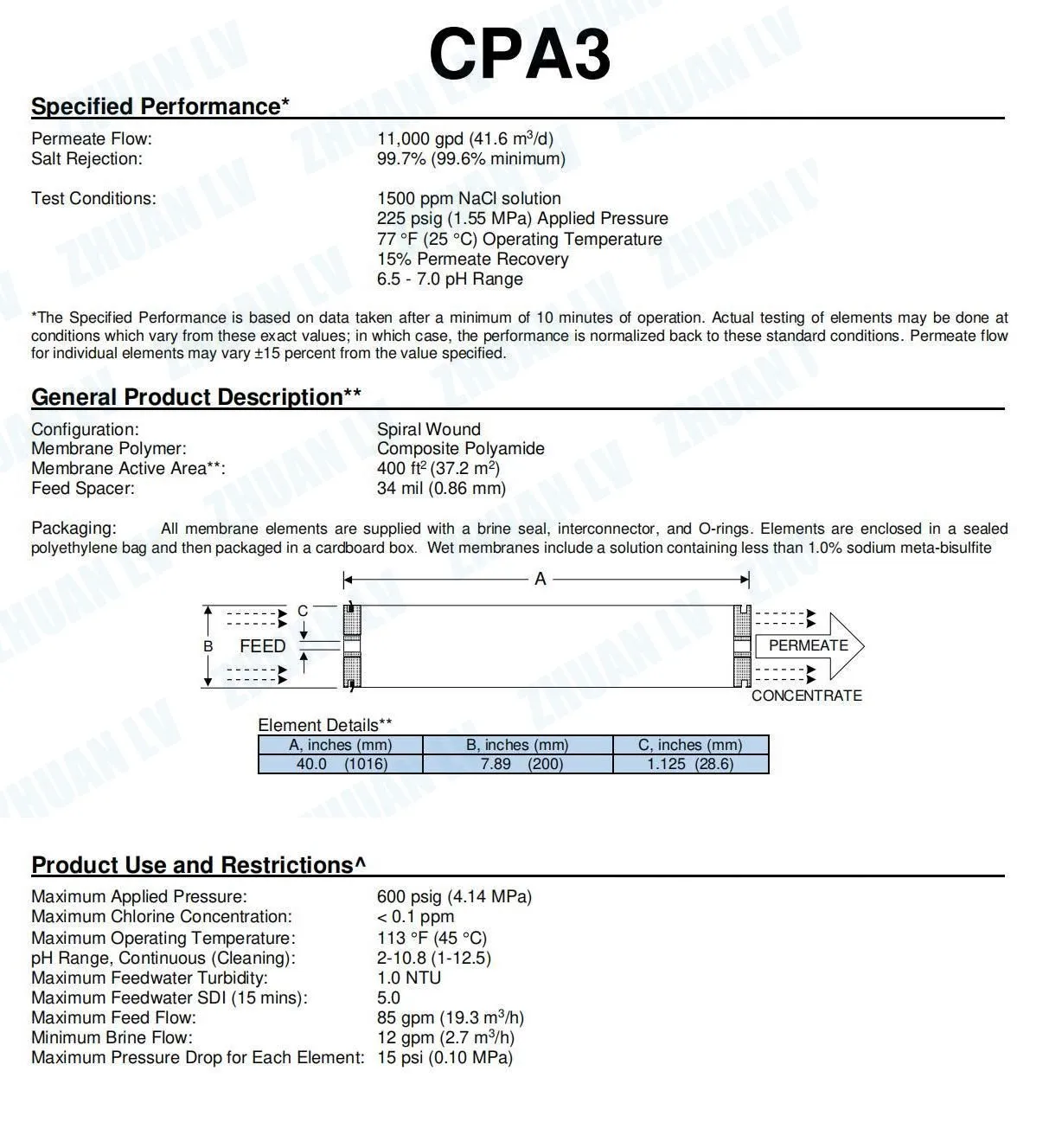 CPA3 RO membrane filter element for water filtration