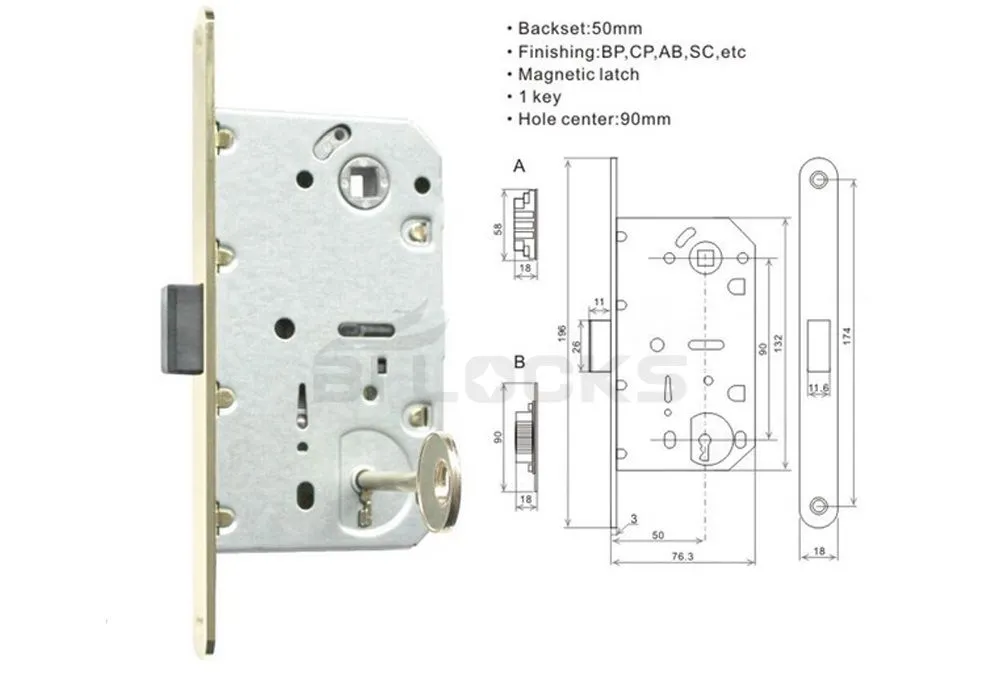 Security Mortise Door Lock body Magnetic Latch-410K-M Key hole
