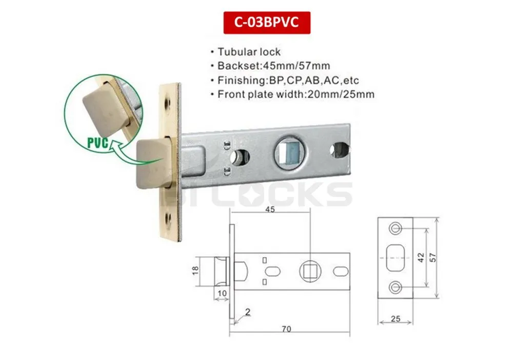 Mortise lock body, tubular latch C-03B pvc