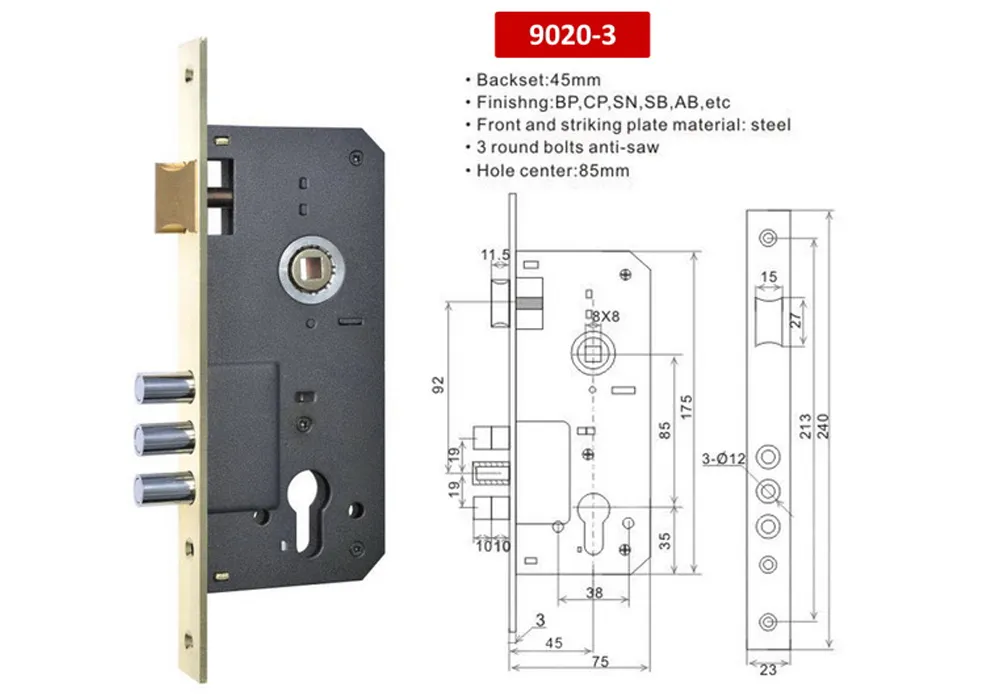 Mortise Lock, door lock, 3 steel rod lock