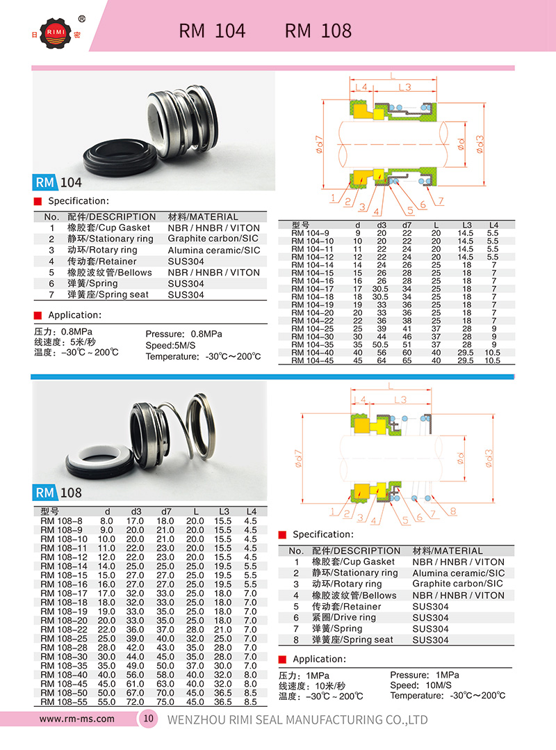 RM 108 Water Pump Mechanical Seal
