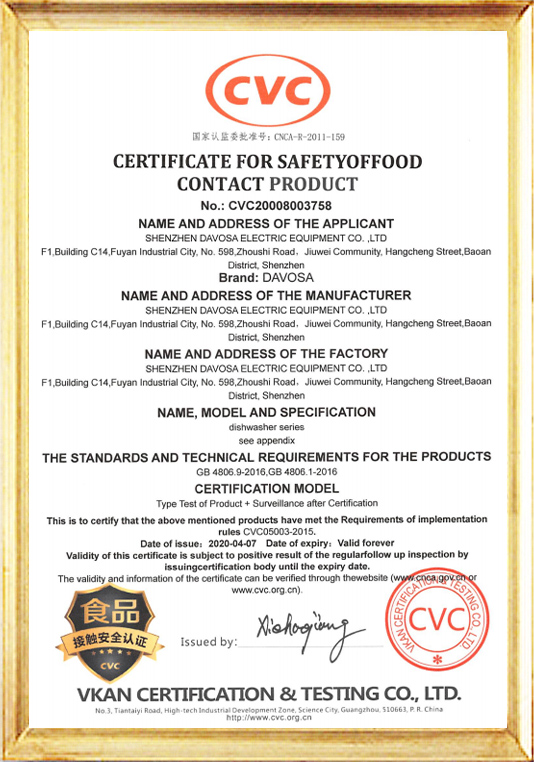 Certificate for Safety of Food Contact Product
