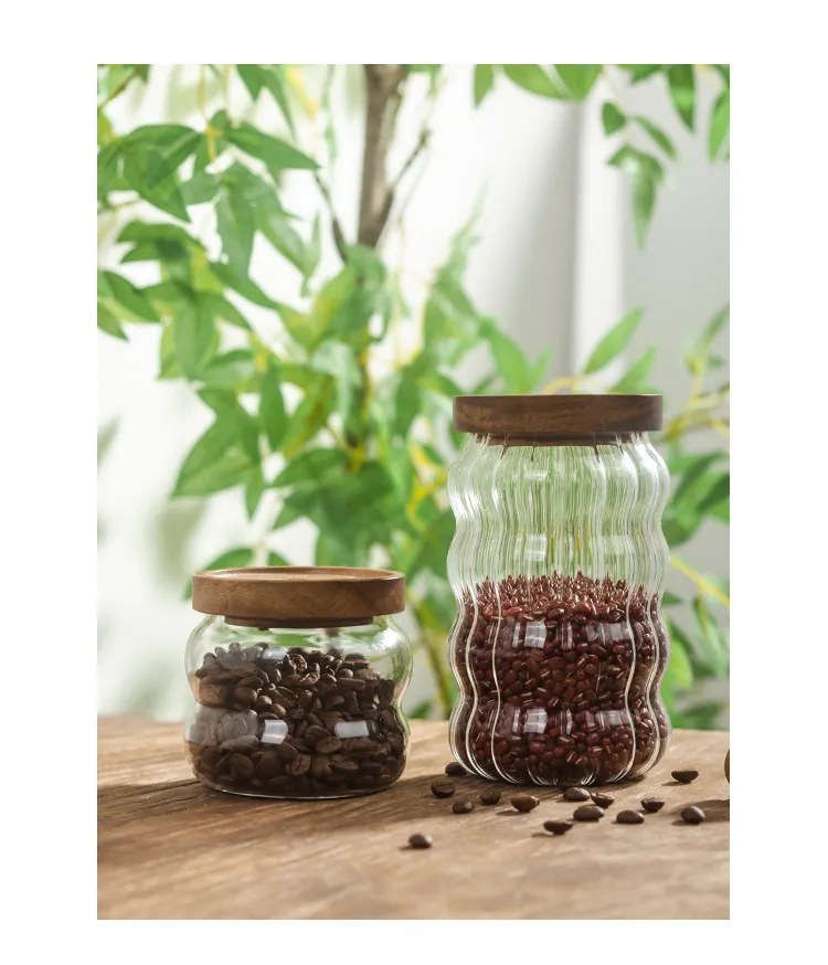 Ribbed Glass Storage Jar with Wooden Lid