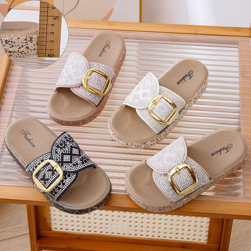 sparkling diamond slippers,summer girls slippers,buckle thick soled