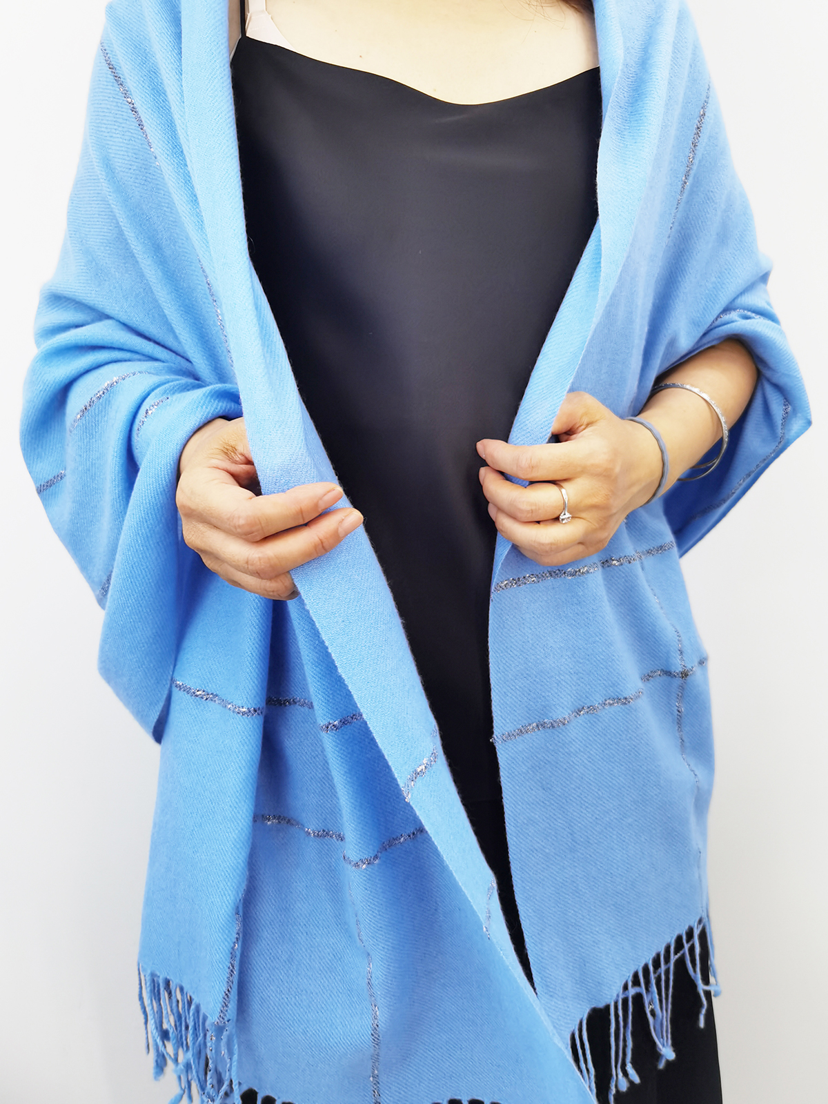 Cashmere twill woven pashmina shawl with lurex thin stripe