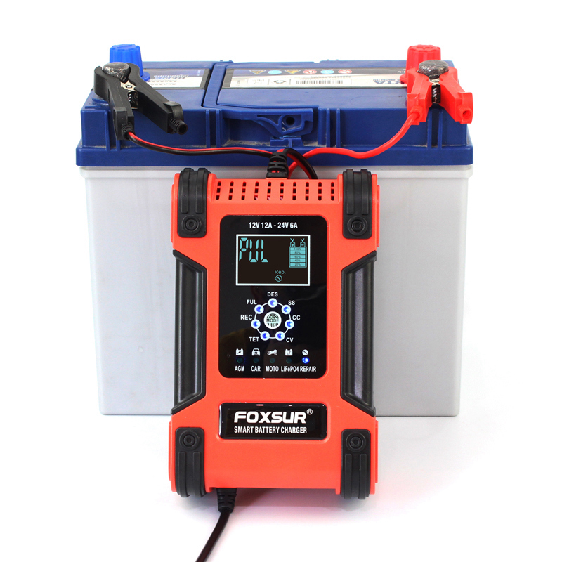 FOXSUR 12V24V 12A 7-stage intelligent automatic pulse repair car battery charger, for GEL WET ...