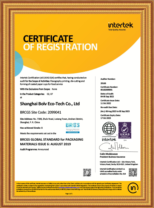 Certificate of Shanghai Xinyu Paper Cup Co., Ltd.