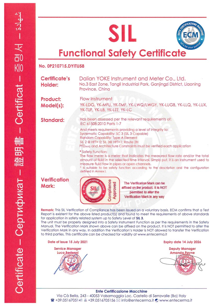 Certificate of Dalian Yoke Instrument and Meter Co., Ltd.