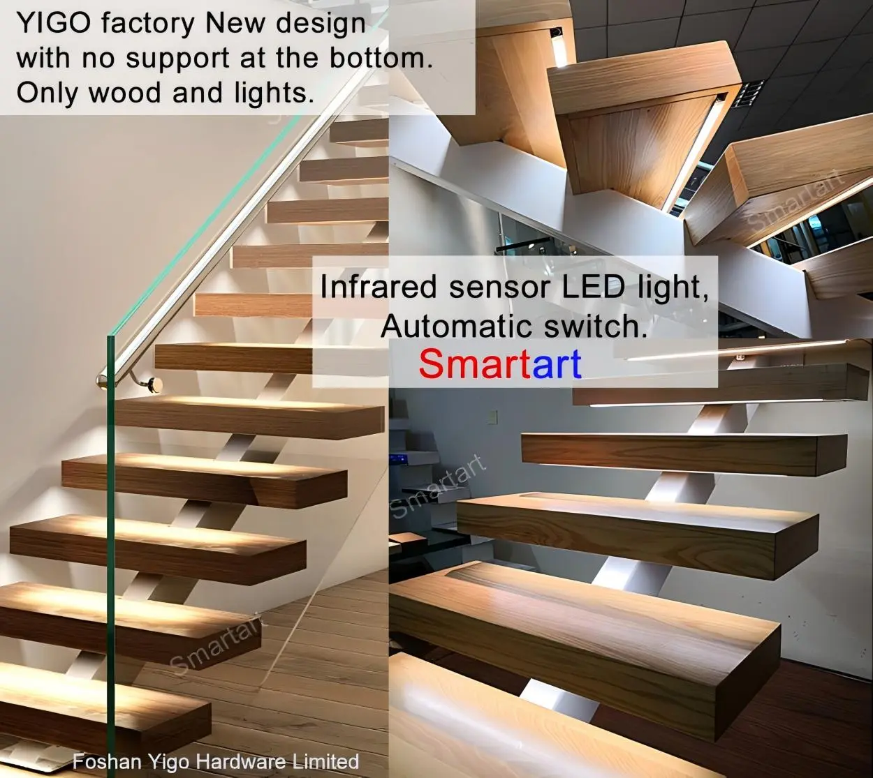 Wooden Straight Stair with LED Light | Modern Timber Staircase | SmartArt