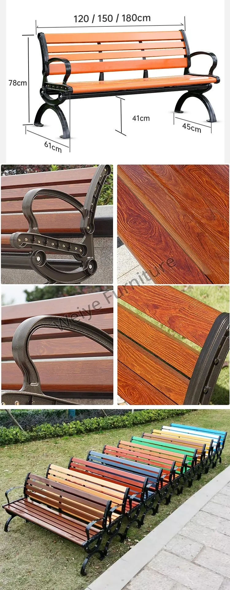Outdoor Park Street Bench with Armrest and Backrest