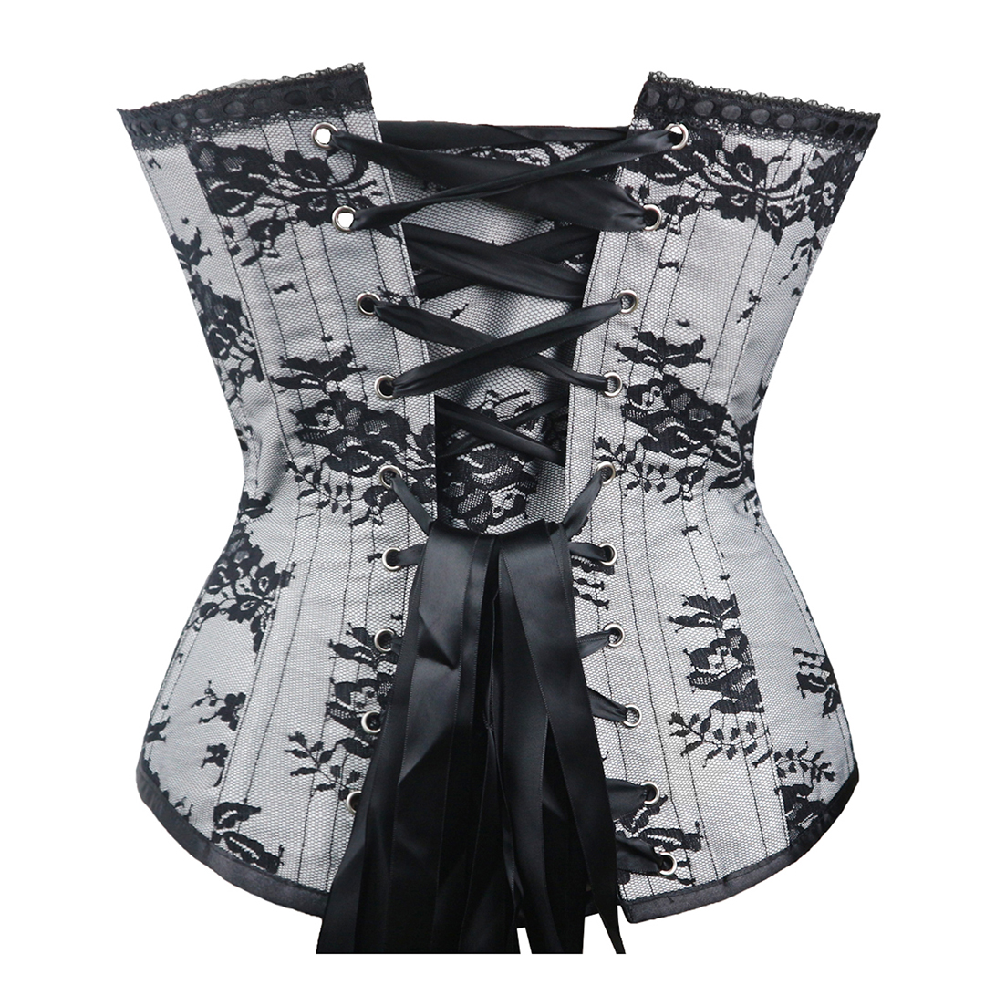 Grey Satin Black Lace Trim Overbust Corset