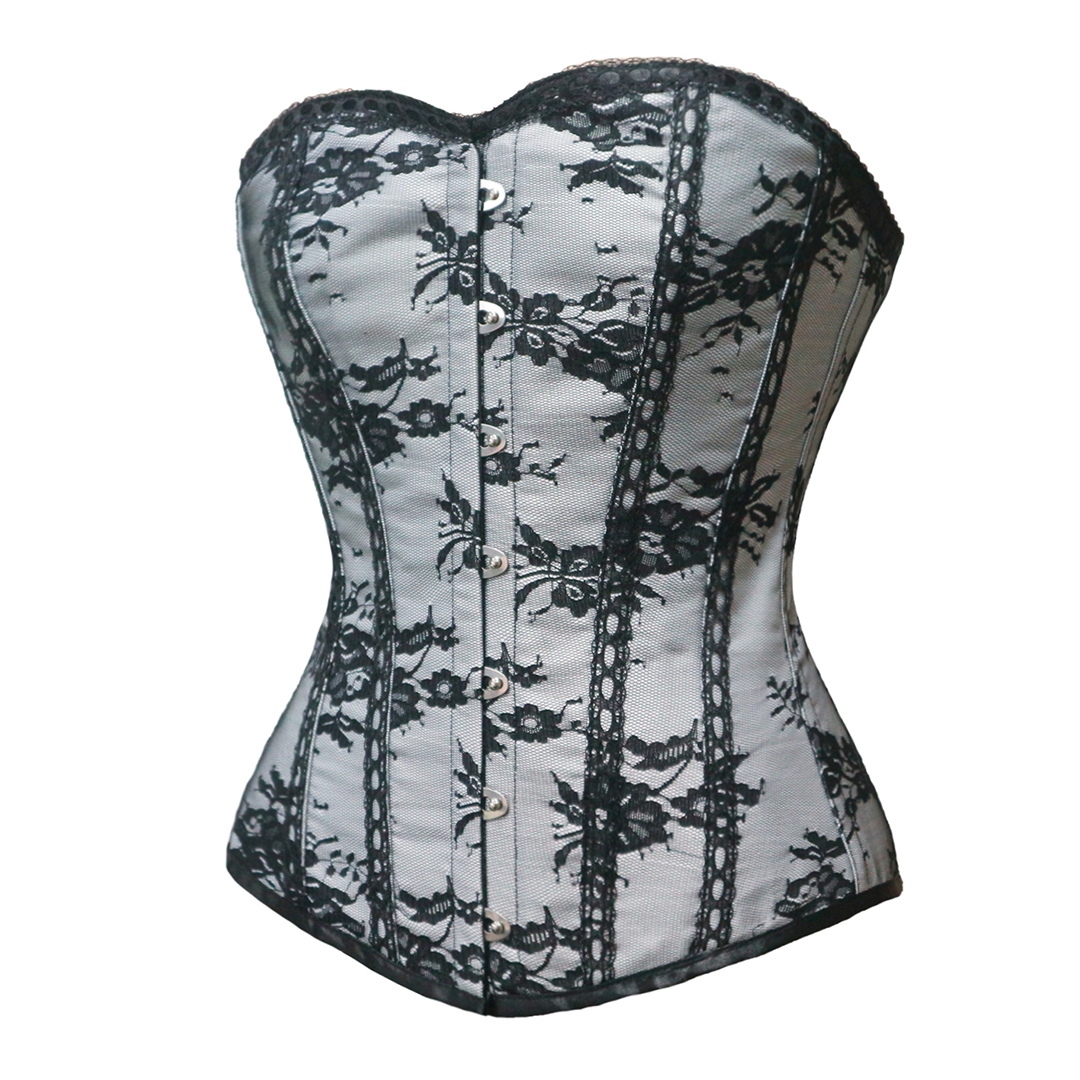 Grey Satin Black Lace Trim Overbust Corset