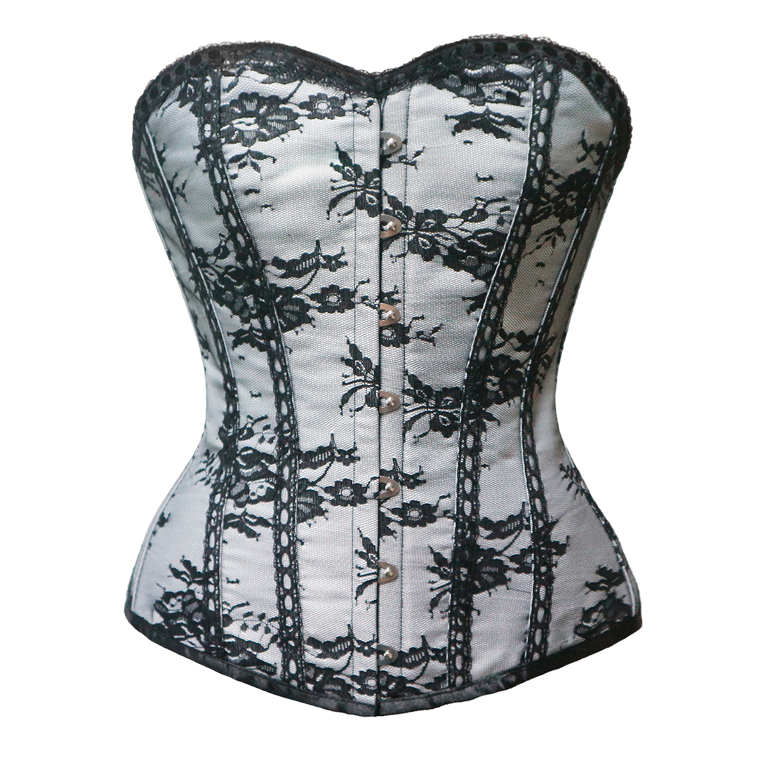 Grey Satin Black Lace Trim Overbust Corset