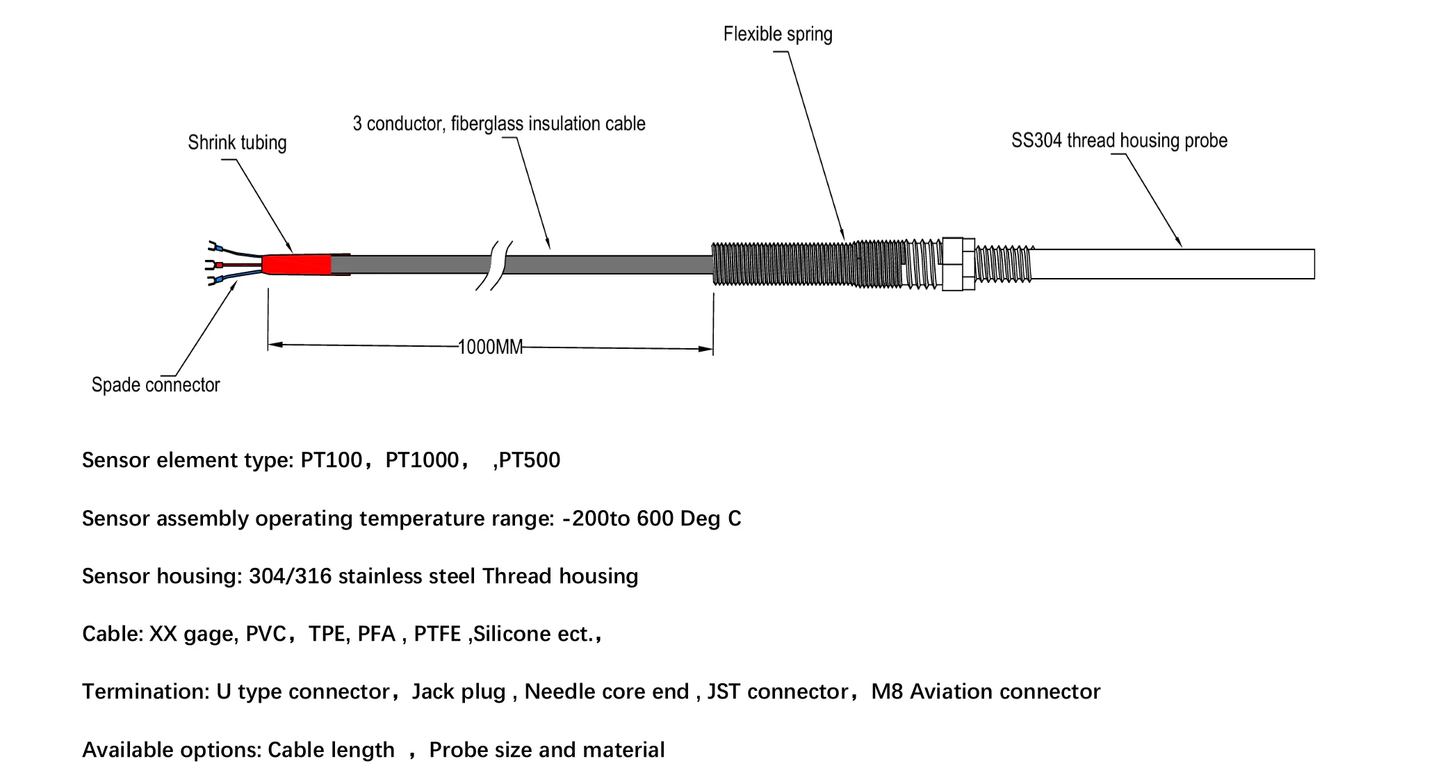 PT100 Temperature Sensor, Temperature Sensor with Threaded Housing