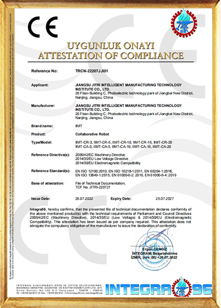 CE KCS Certificate of IIMT Cobot, Collaborative Robot