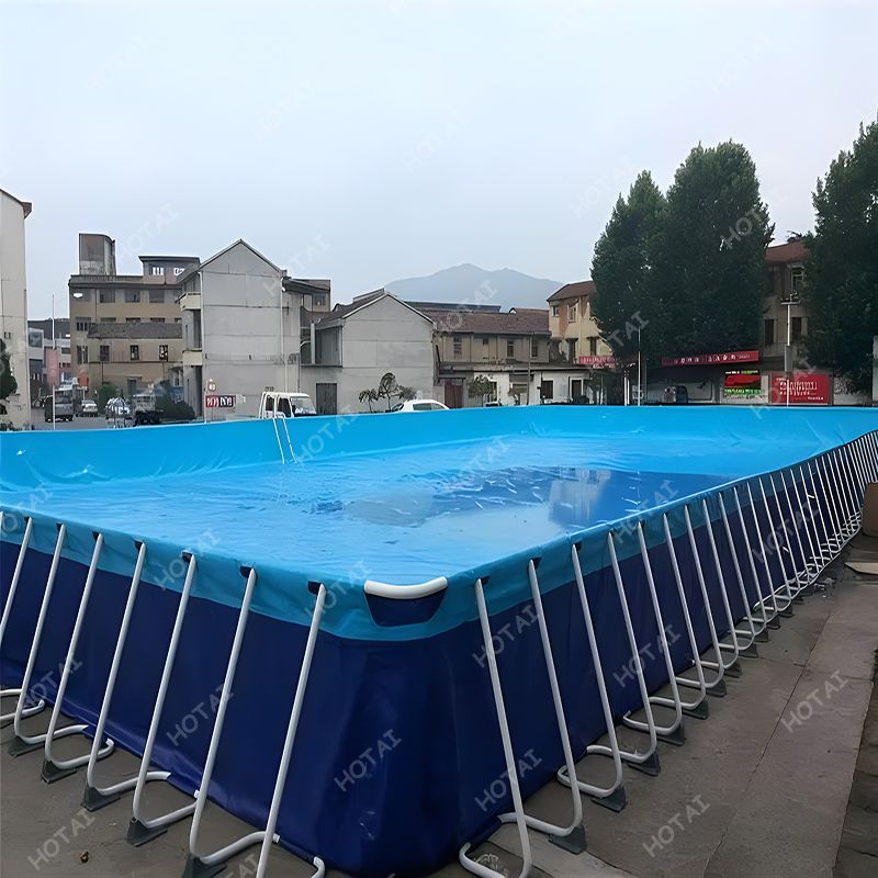 Large metal frame above ground swimming pool