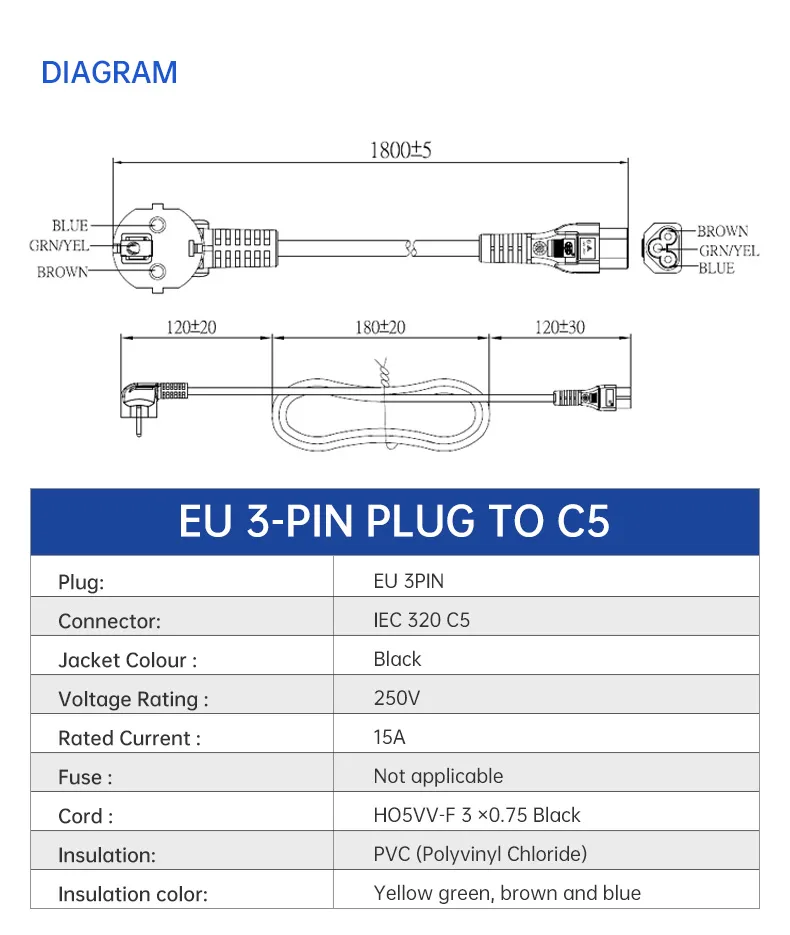250v 15A | Iec320 Schuko | Universal Power Cord