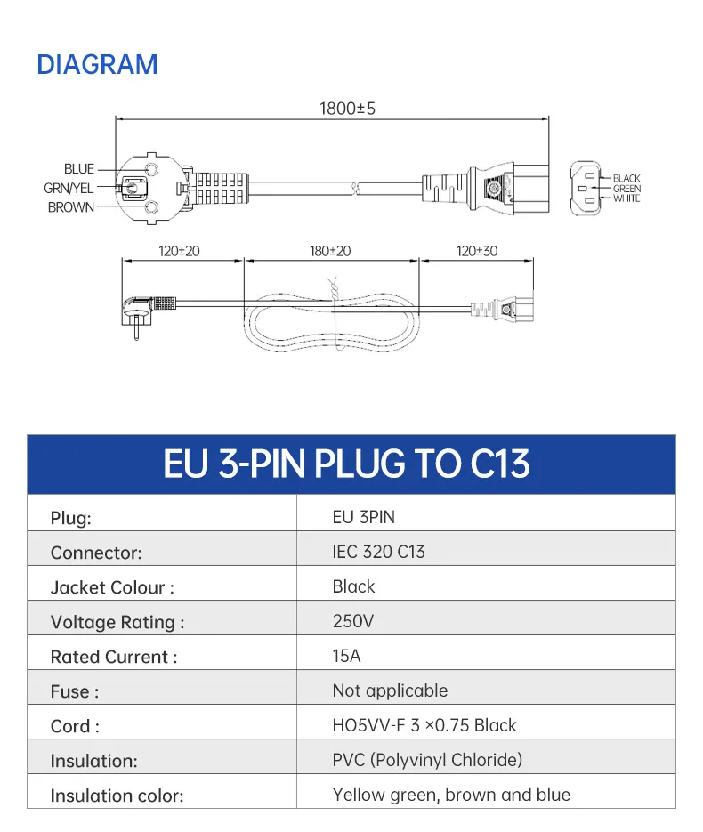 AC Power Cord | 3PIN To C13 | Europe Power Plug