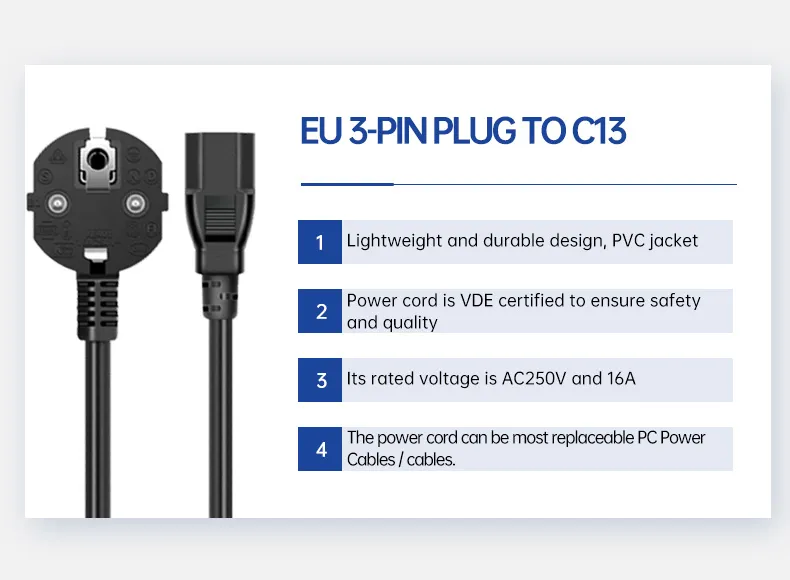 AC Power Cord | 3PIN To C13 | Europe Power Plug