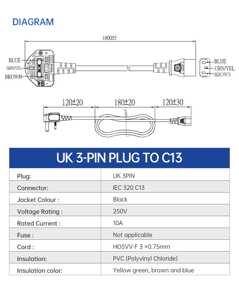 3 Prong Plug | IEC 320 C13 | UK Power Cord