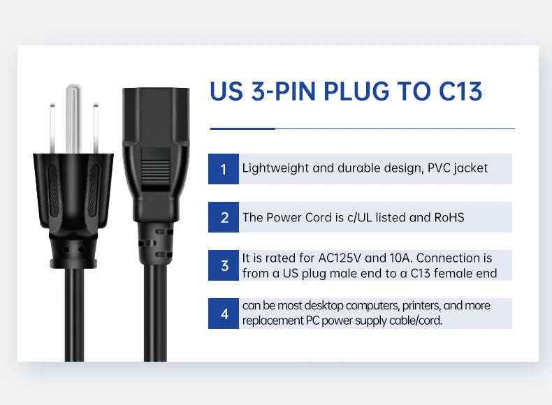 NEMA 5-15P Plug | 3PIN To C13 | US Power Cord
