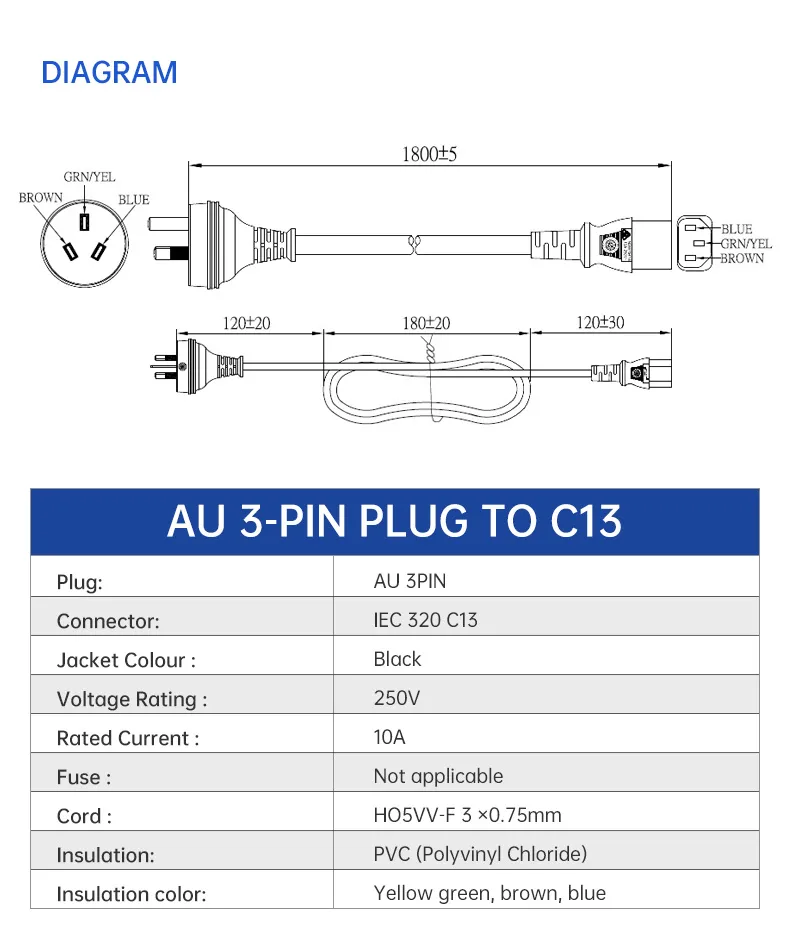 AC Power Cord | 3PIN To C13 | AU Extension Cable