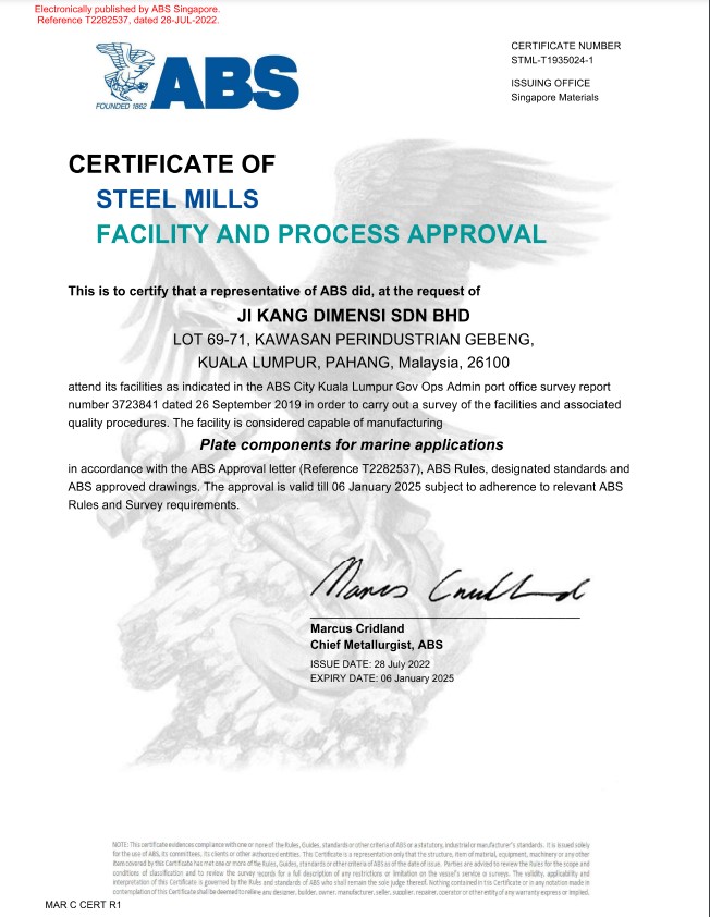 ABS GRADE A CERTIFICATION PAGE 1